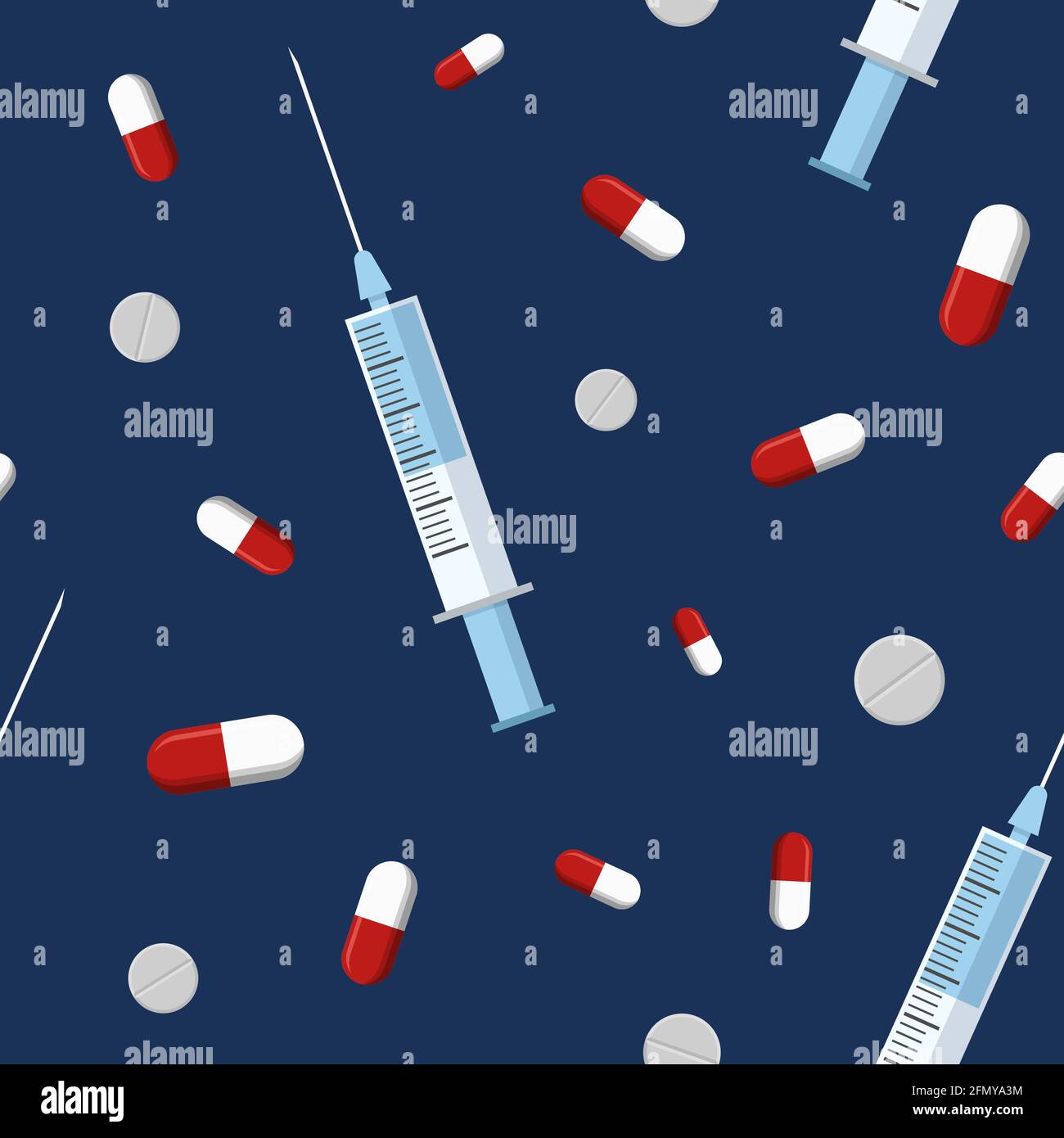 Seamless pattern of medical syringes and pills, tablets, capsules ...