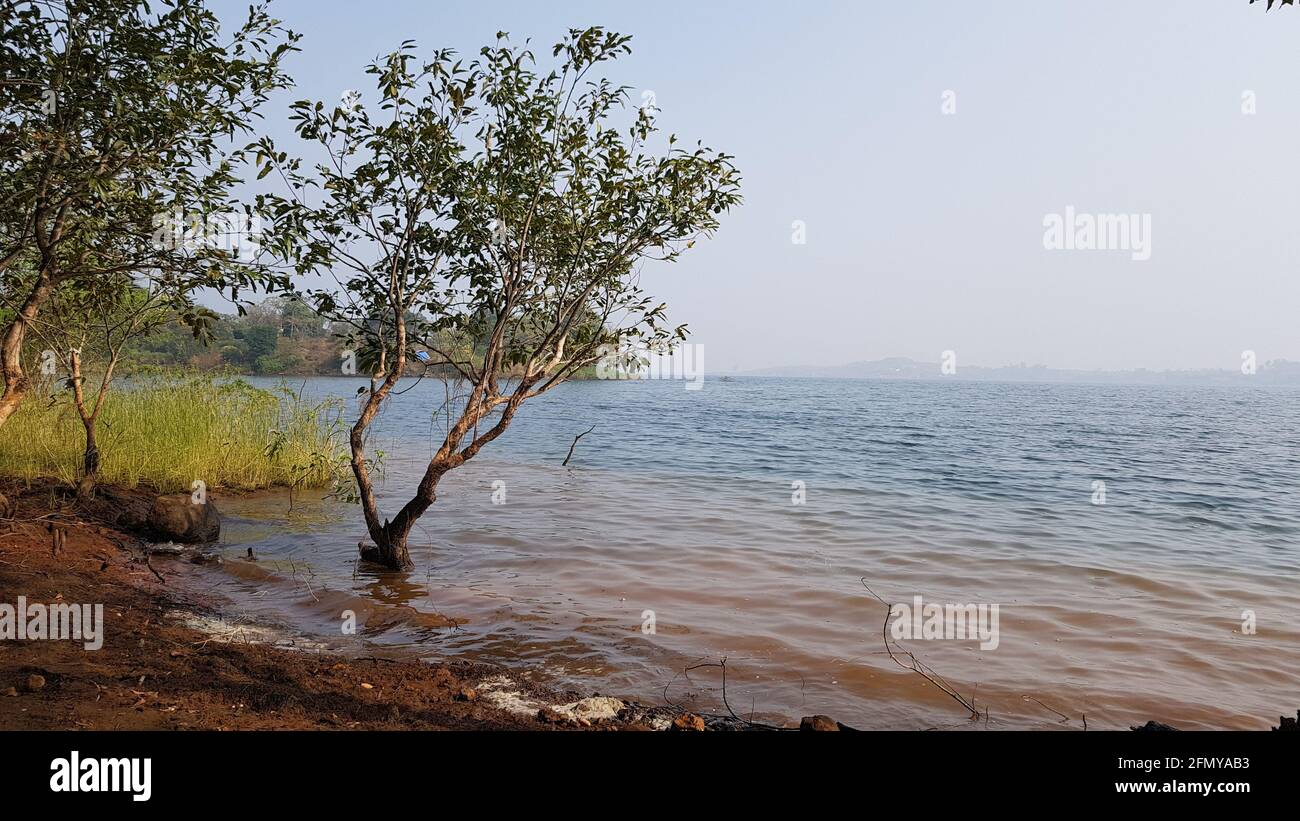 Pavana lake side view on a winter noon. Pavana lake is located in ...