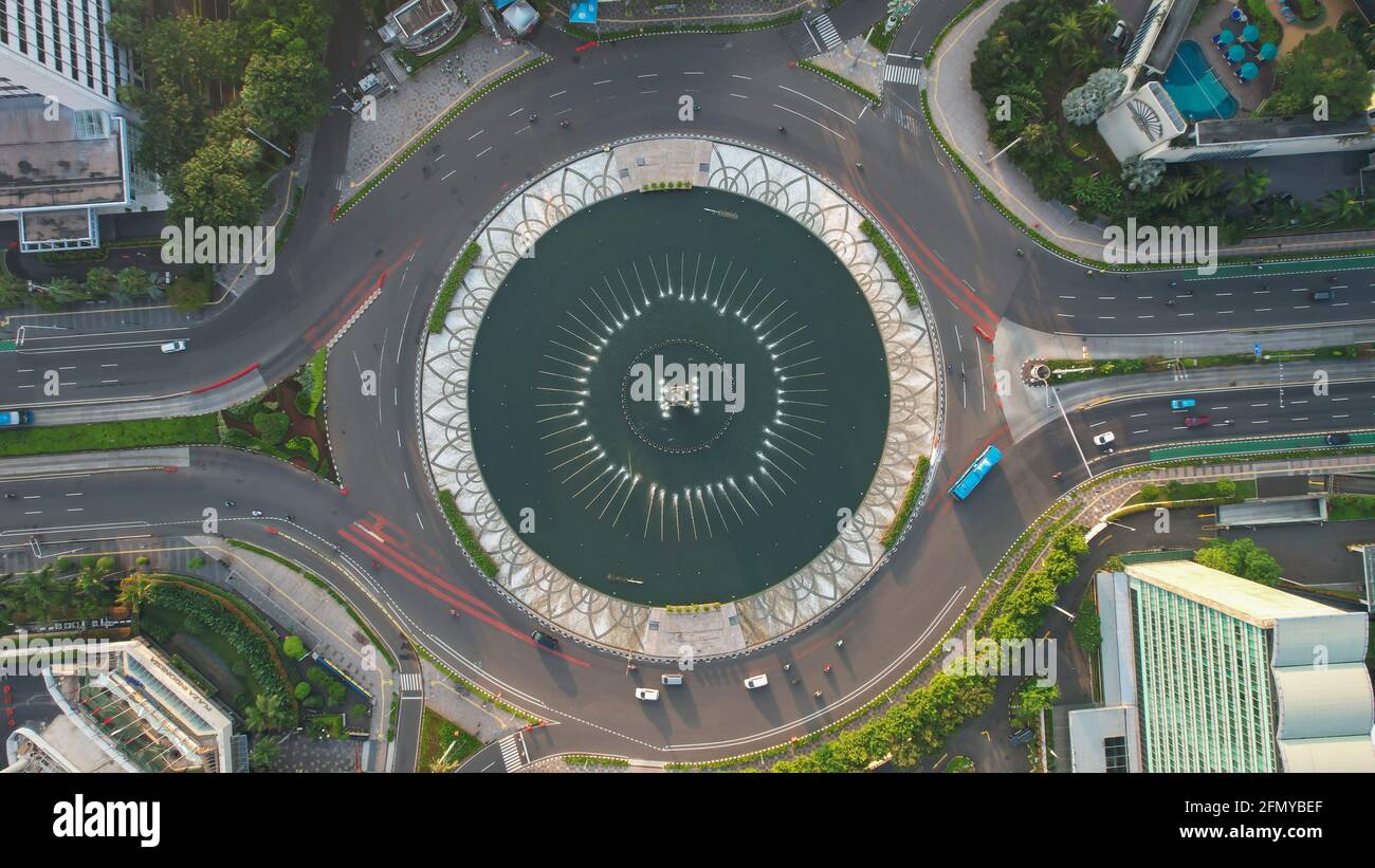Aerial view of the city traffics at the Hotel Indonesia Roundabout ...