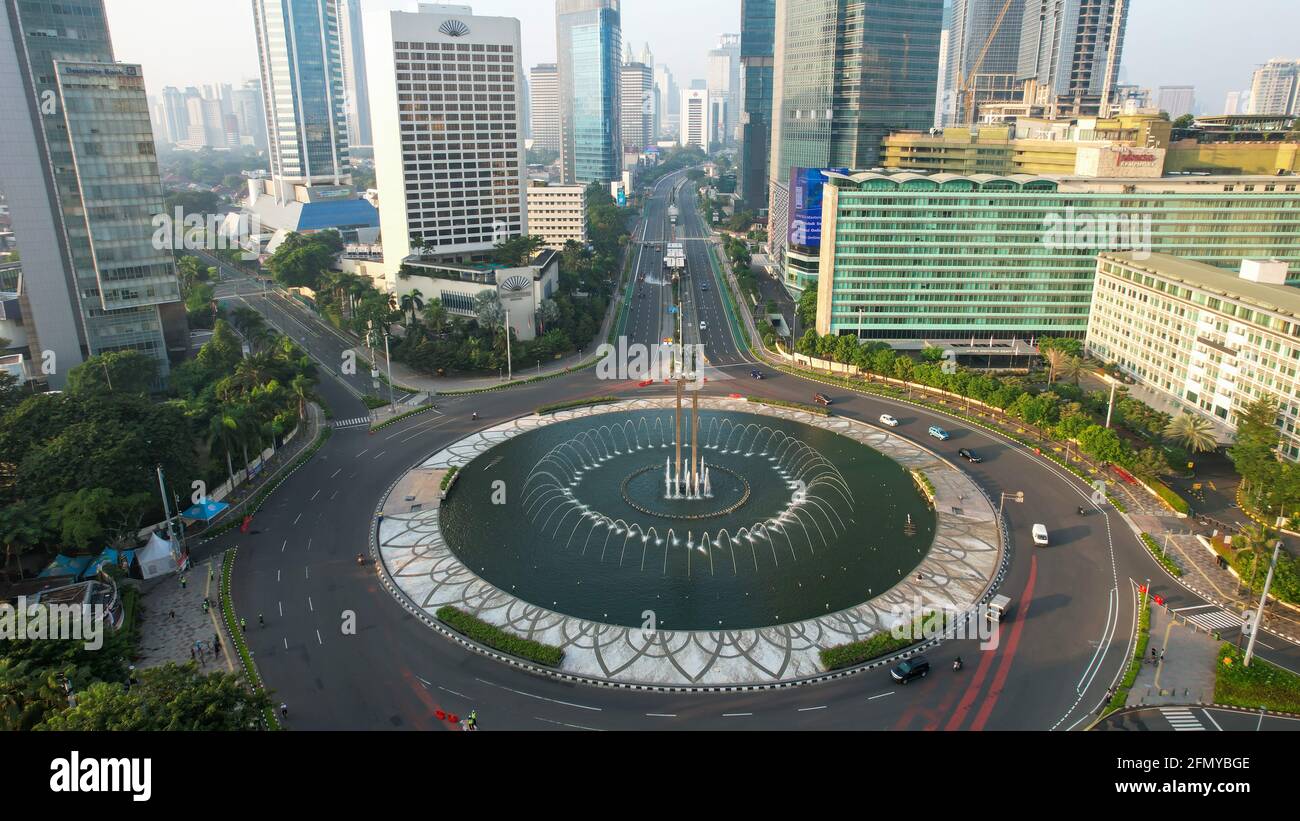 Aerial view of the city traffics at the Hotel Indonesia Roundabout ...