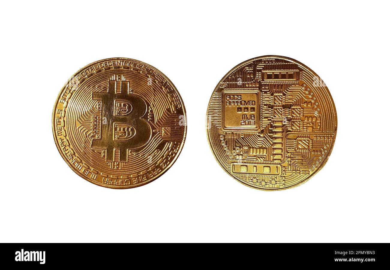 Bitcoin token coin isolated on white background: face and reverse sides ...