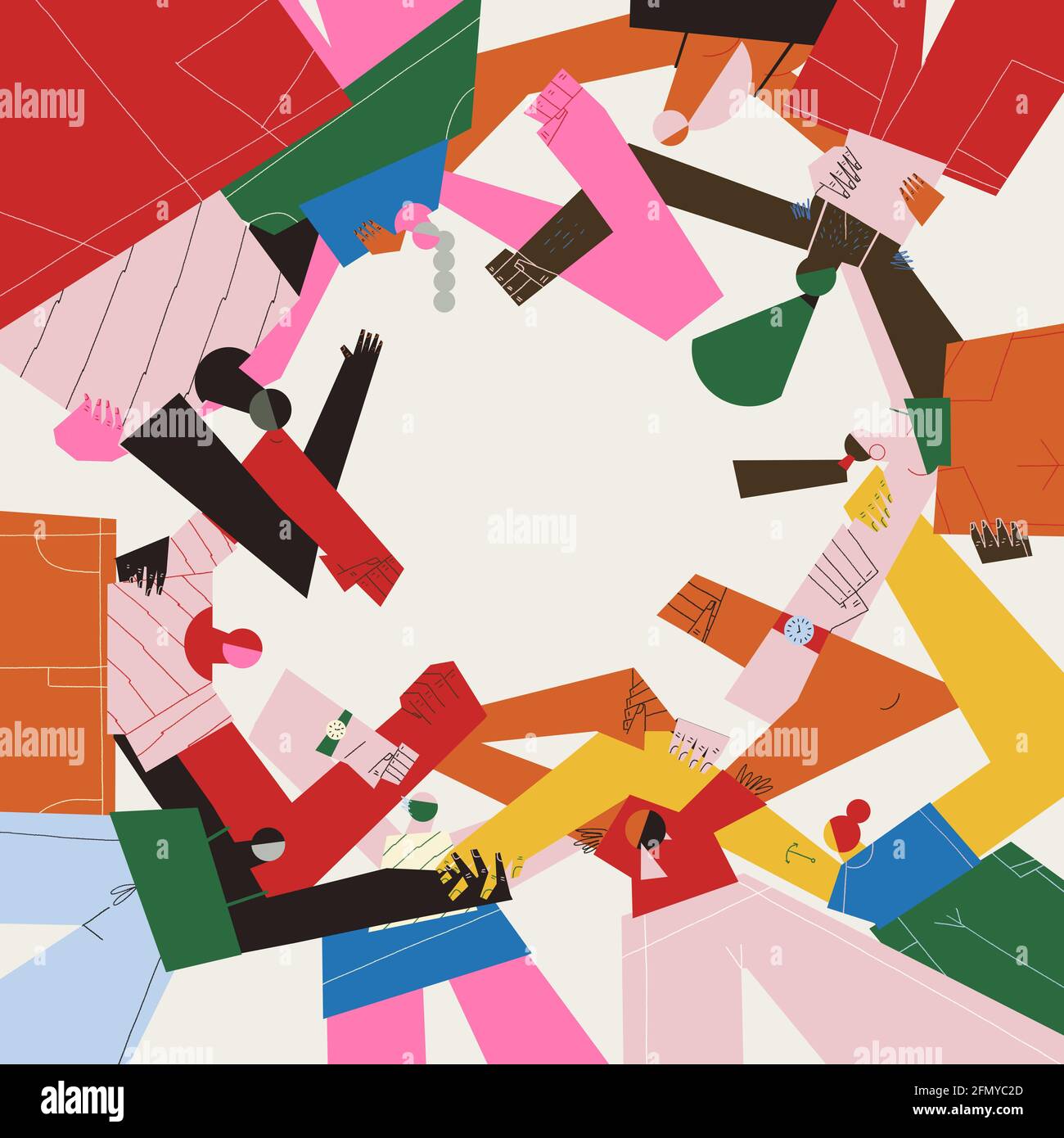 Circle of arms interlocked and helping hands. Diverse community and ...