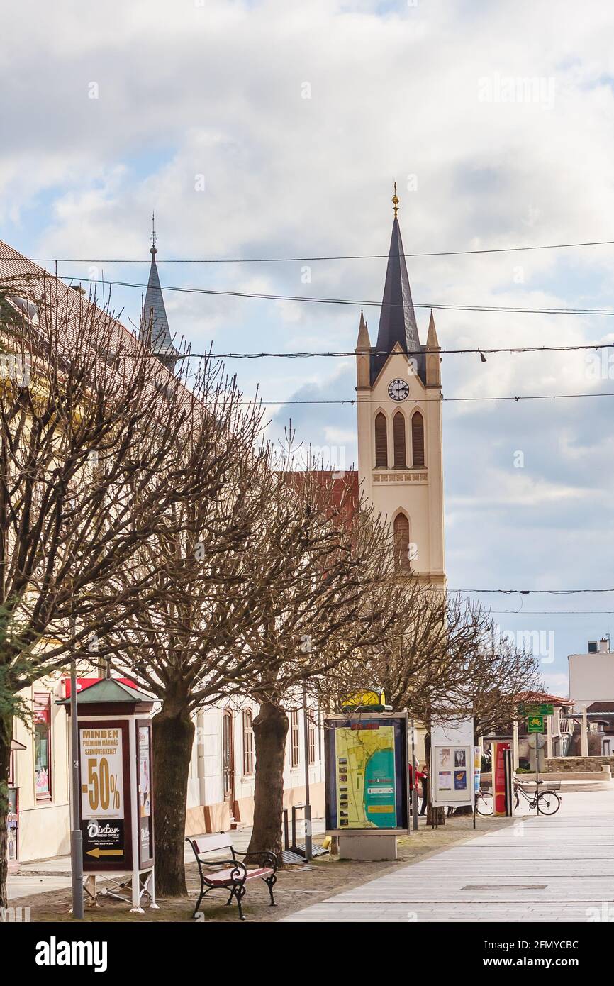 Kossuth Lajos street, main shopping street in old town and Gothic ...