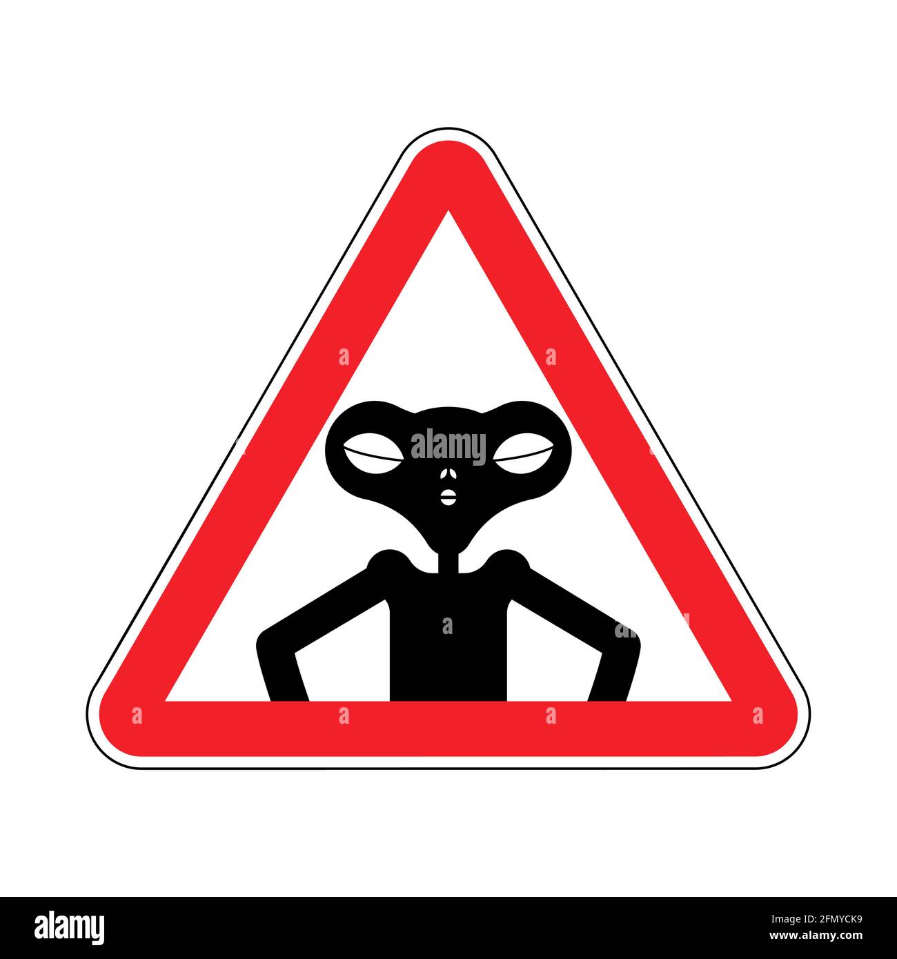 Attention Alien. Caution ufo. Red triangle road sign. No ...