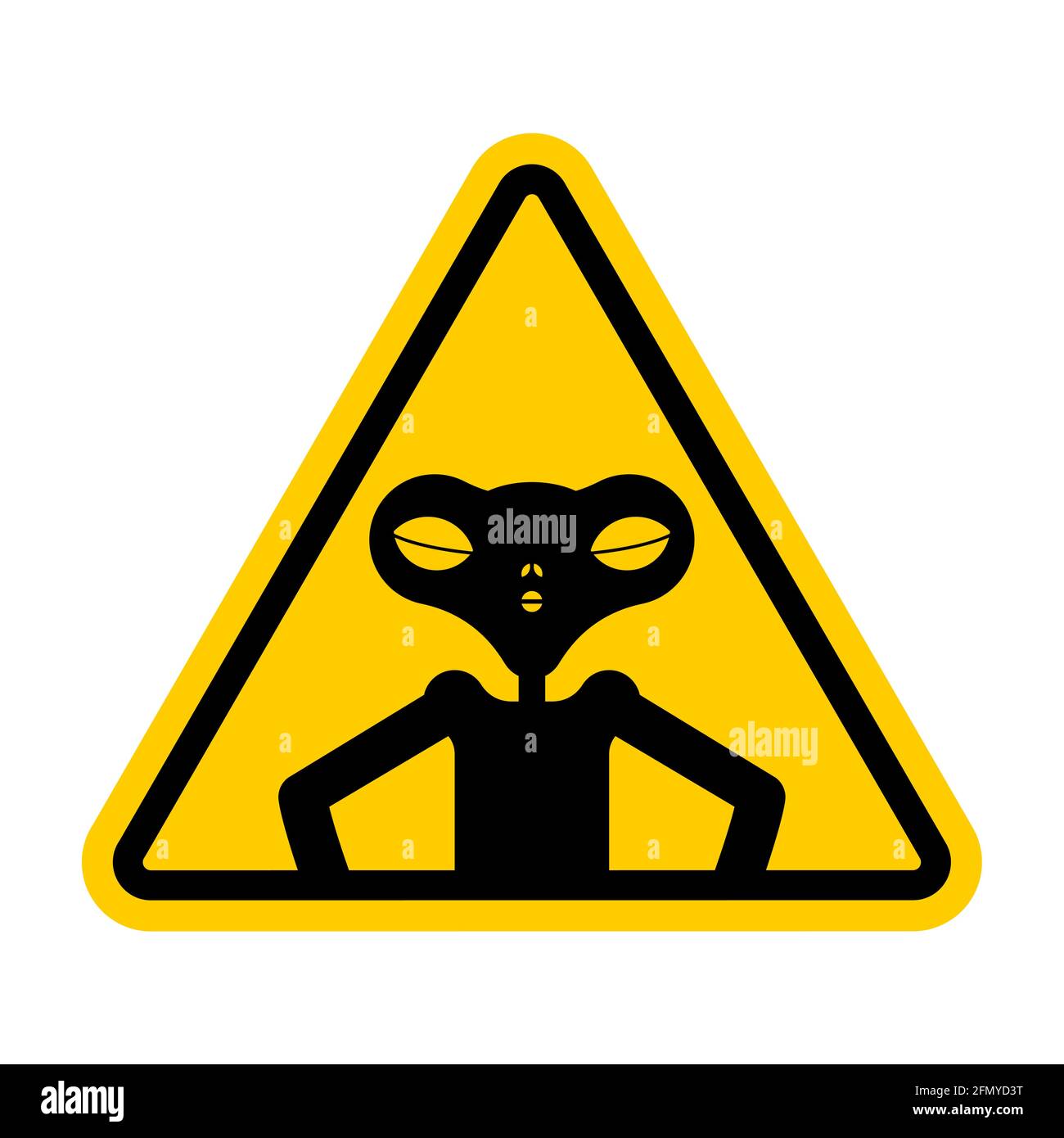 Attention Alien. Caution ufo. Yellow triangle road sign. No ...