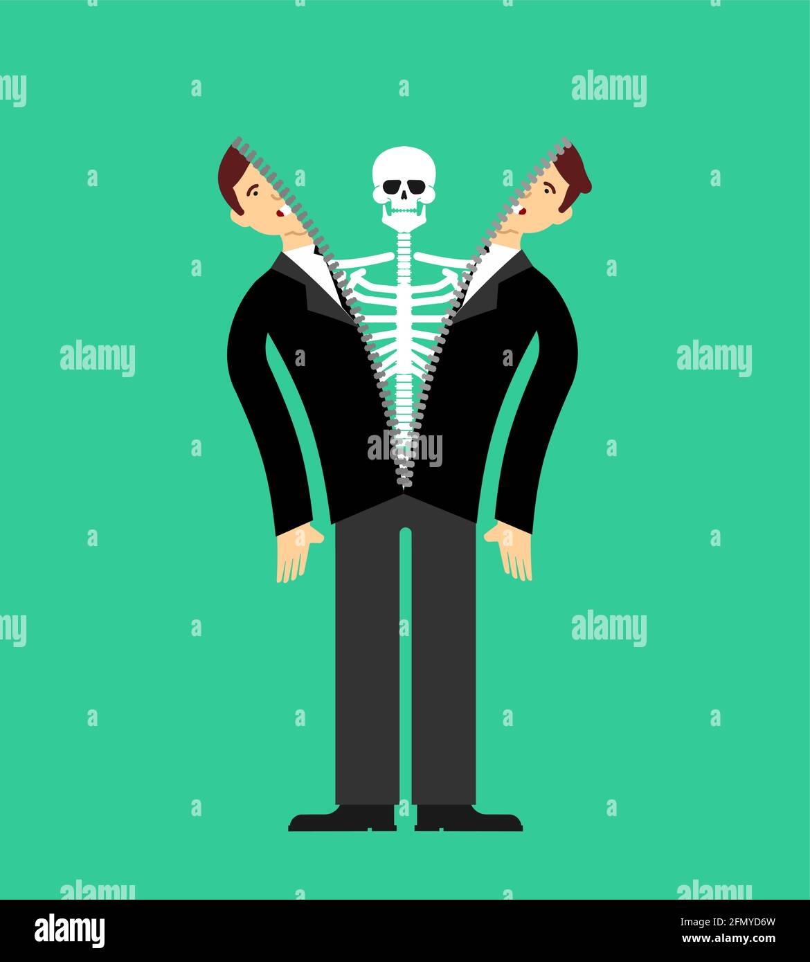 Skeleton inside person. Skeleton climbs out of man. Skin anatomical ...