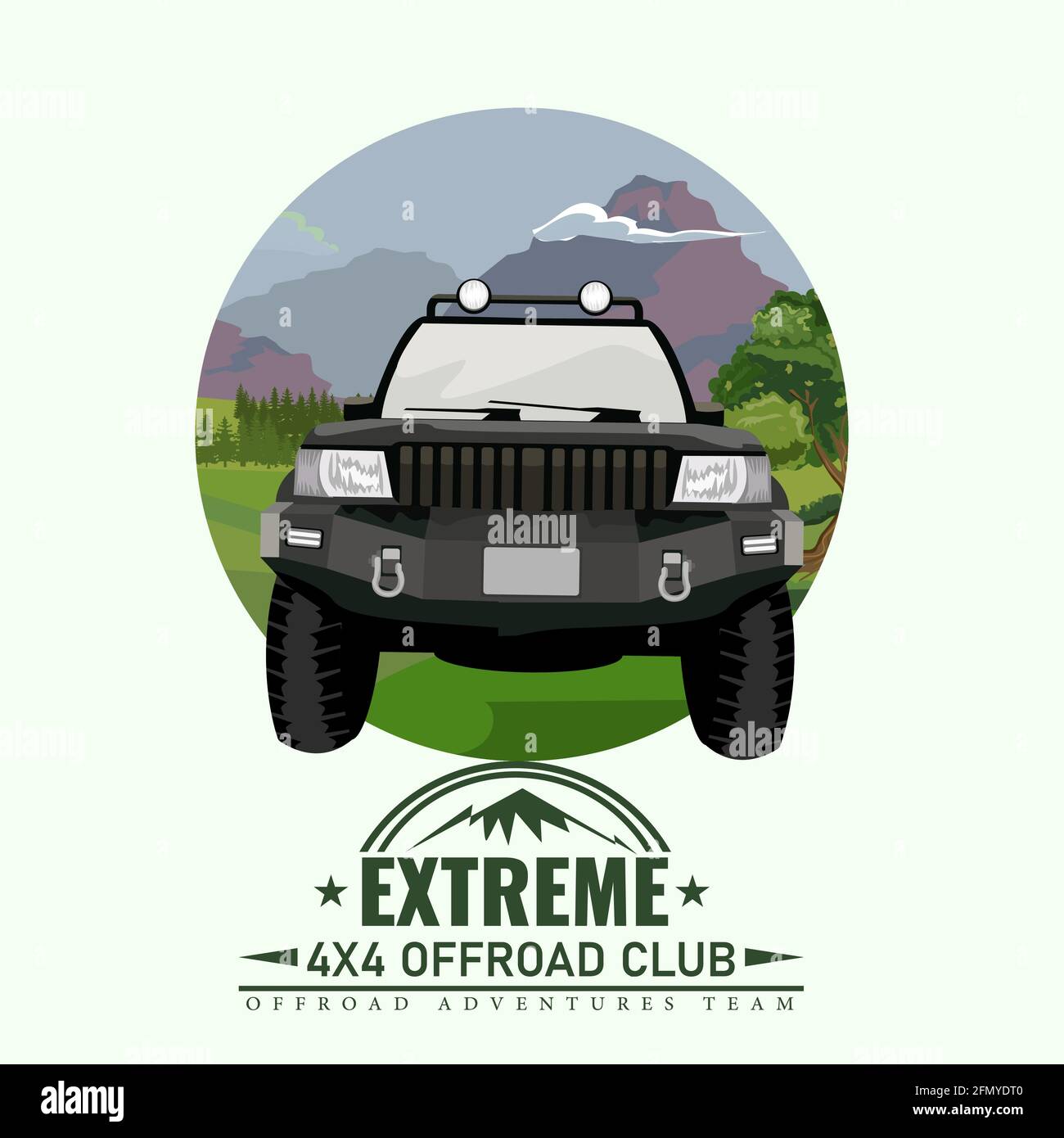 Off-road car or expedition offroader with mountain and forest nature ...