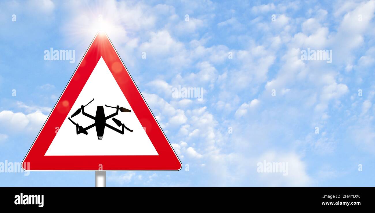 Illustration of a camera drone silhouette. A traffic sign means ...