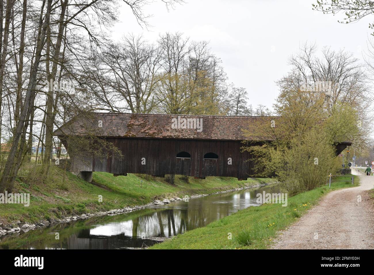 Old wooden Grubenmann Bridge crossing the River Glatt, Canton of Zurich ...