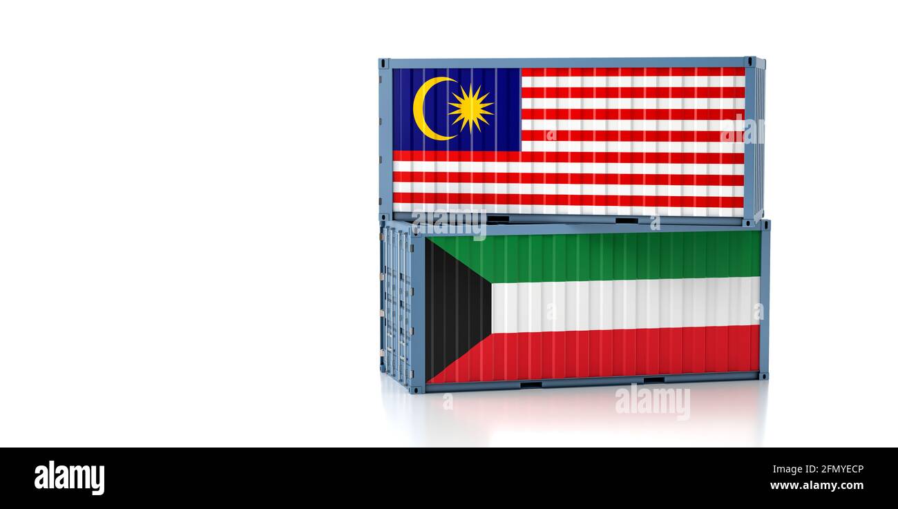 Two freight container with Malaysia and Kuwait flag. Copy space on the ...