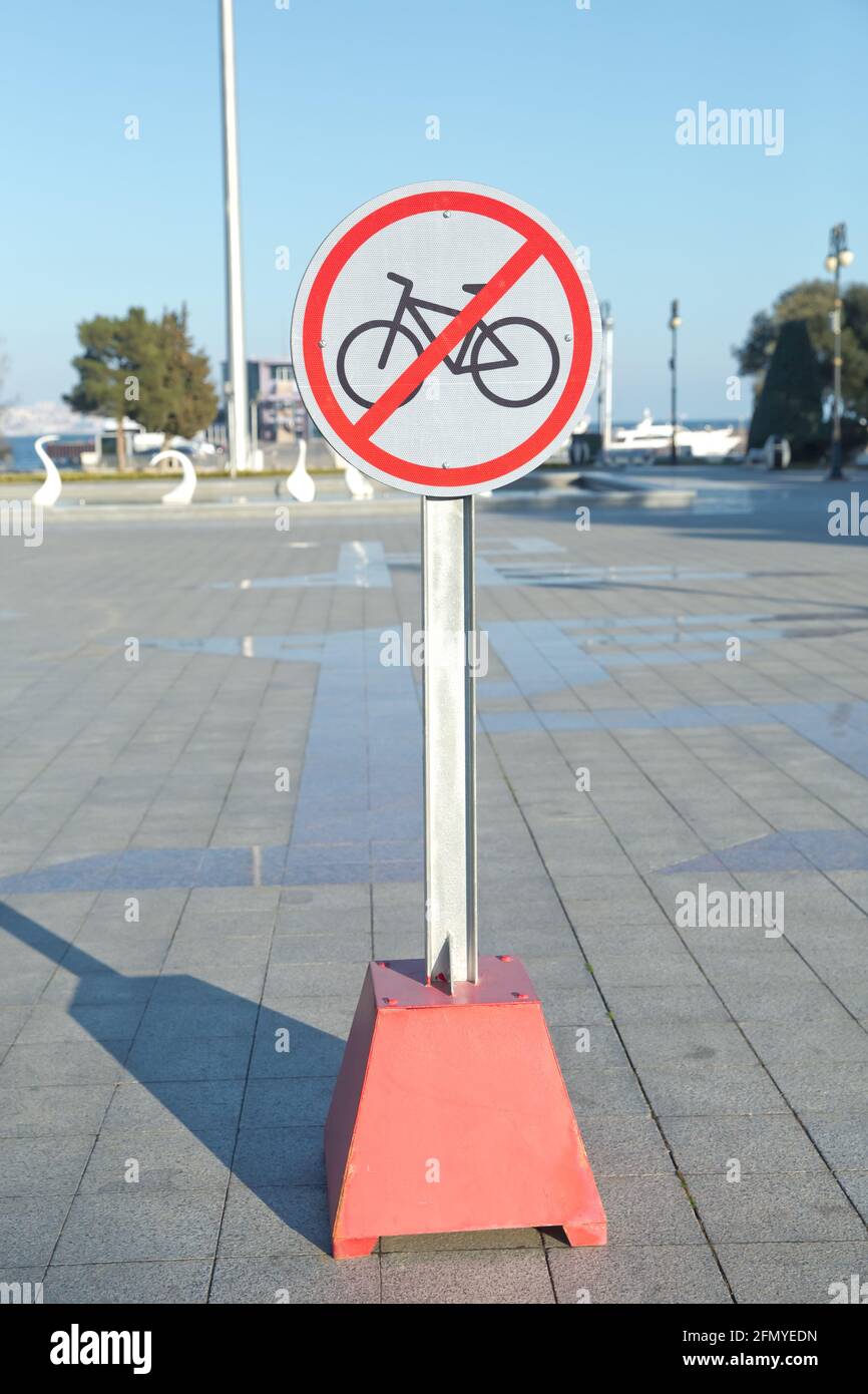 Red bicycle street warning sign . No bicycles allowed sign at city ...