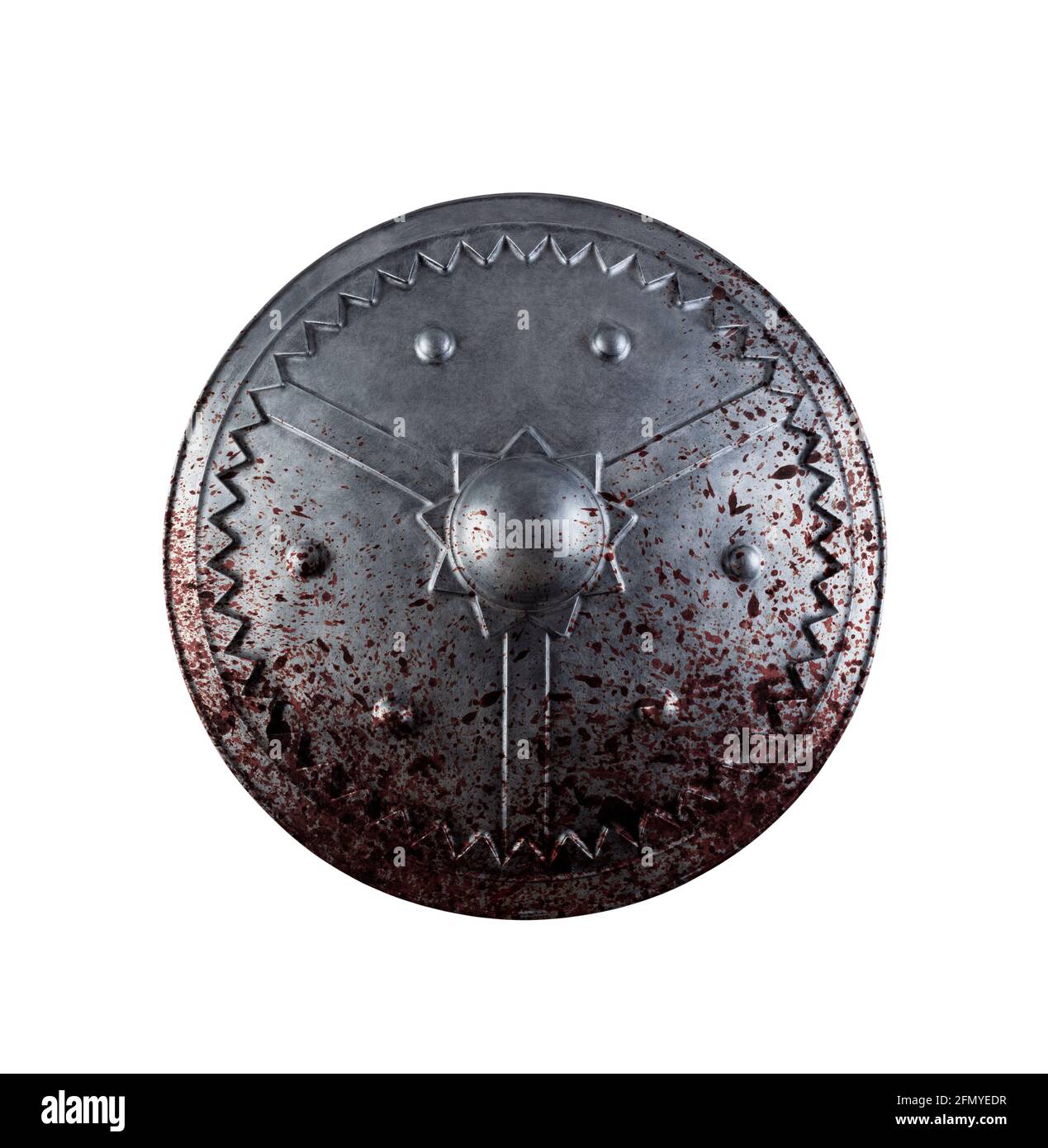 Old round shield in blood isolated on white background with clipping ...