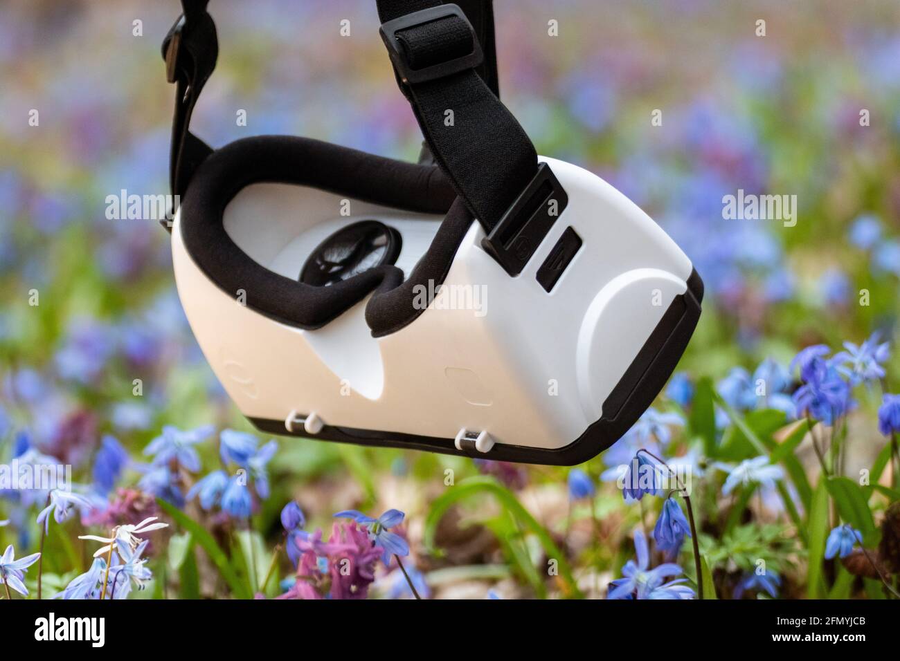 3D Virtual reality headset glasses in spring blue wild flowers. VR tech ...