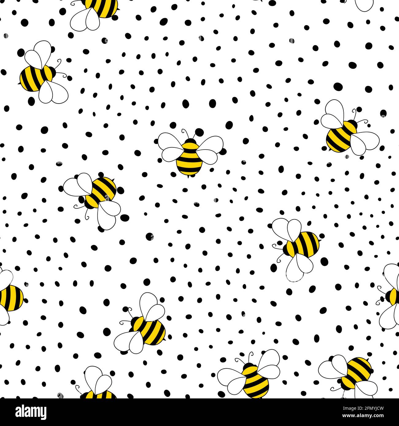 Seamless pattern with bees on white polka dots background. Small wasp ...