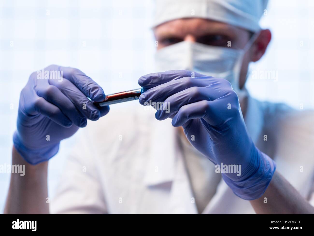 hands of a lab technician with a tube of blood sample and a rack with ...