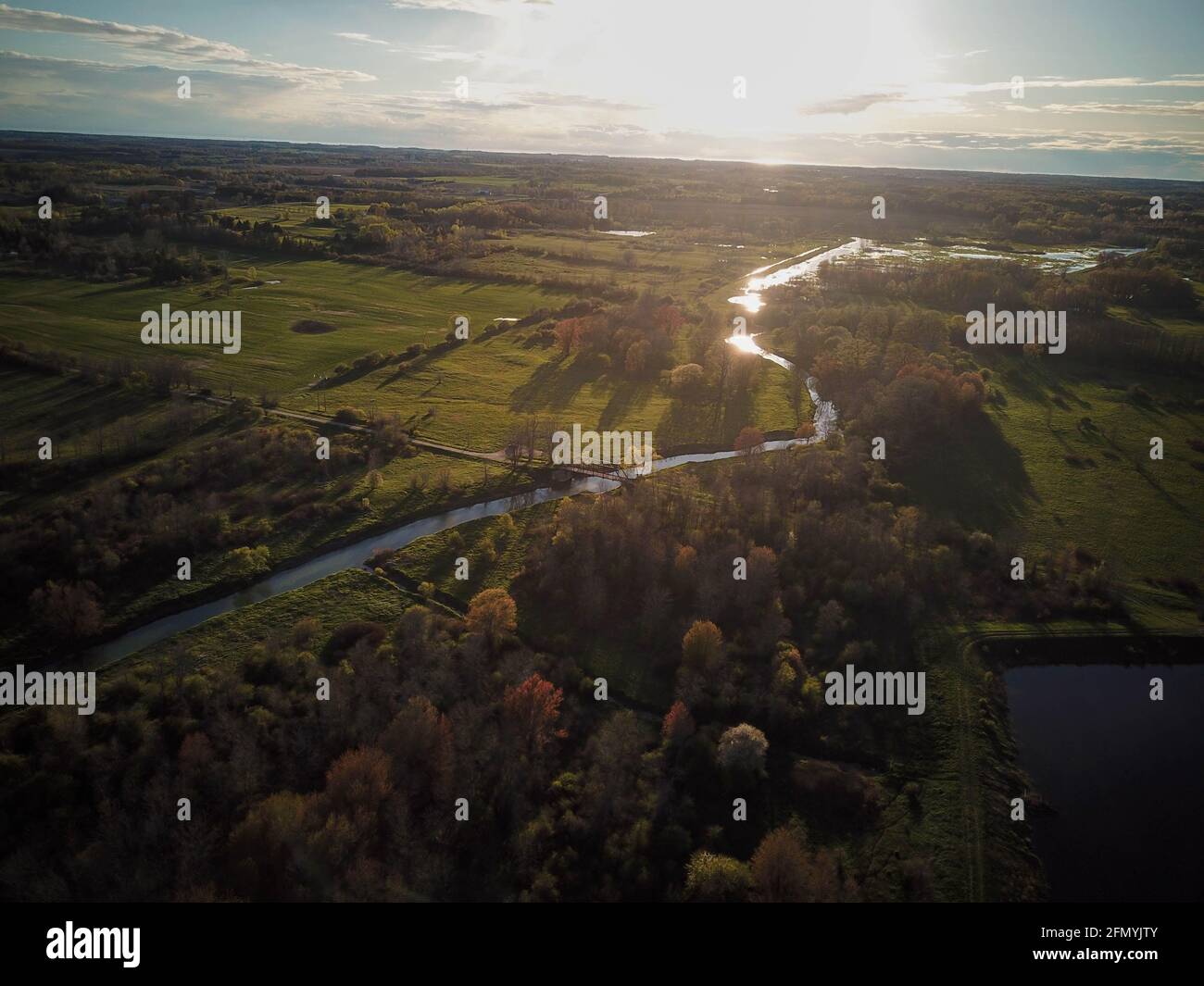 Aerial view of a yellow wheat rye and green corn farm fields going into ...