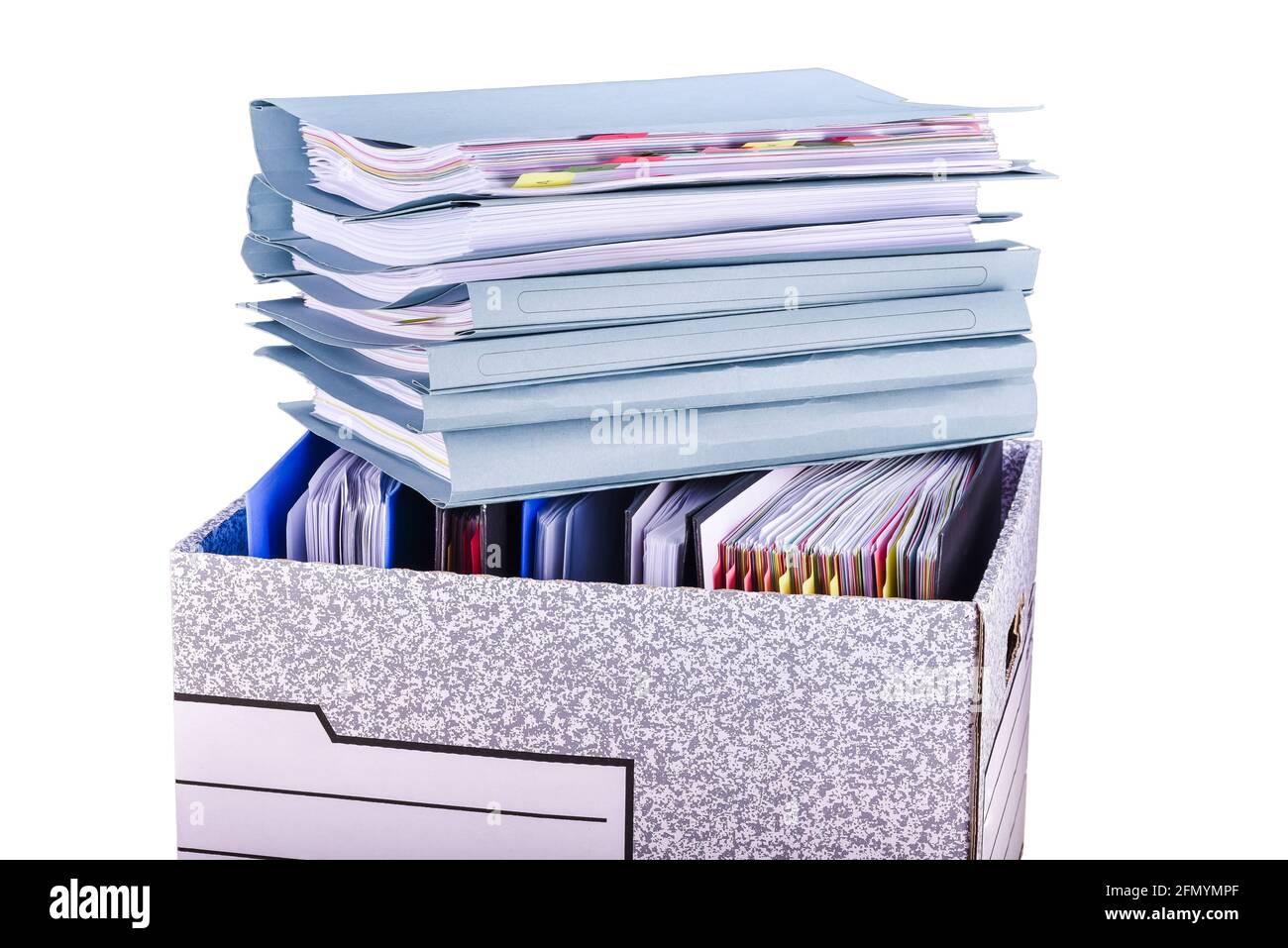 Documents and files folders are placed in a paper box and pile of extra ...