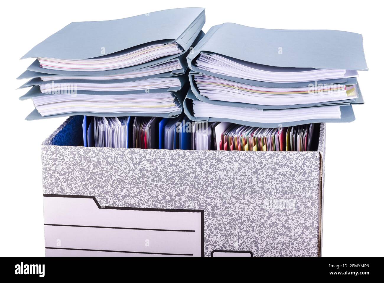 Documents and files folders are placed in a paper box and pile of extra ...