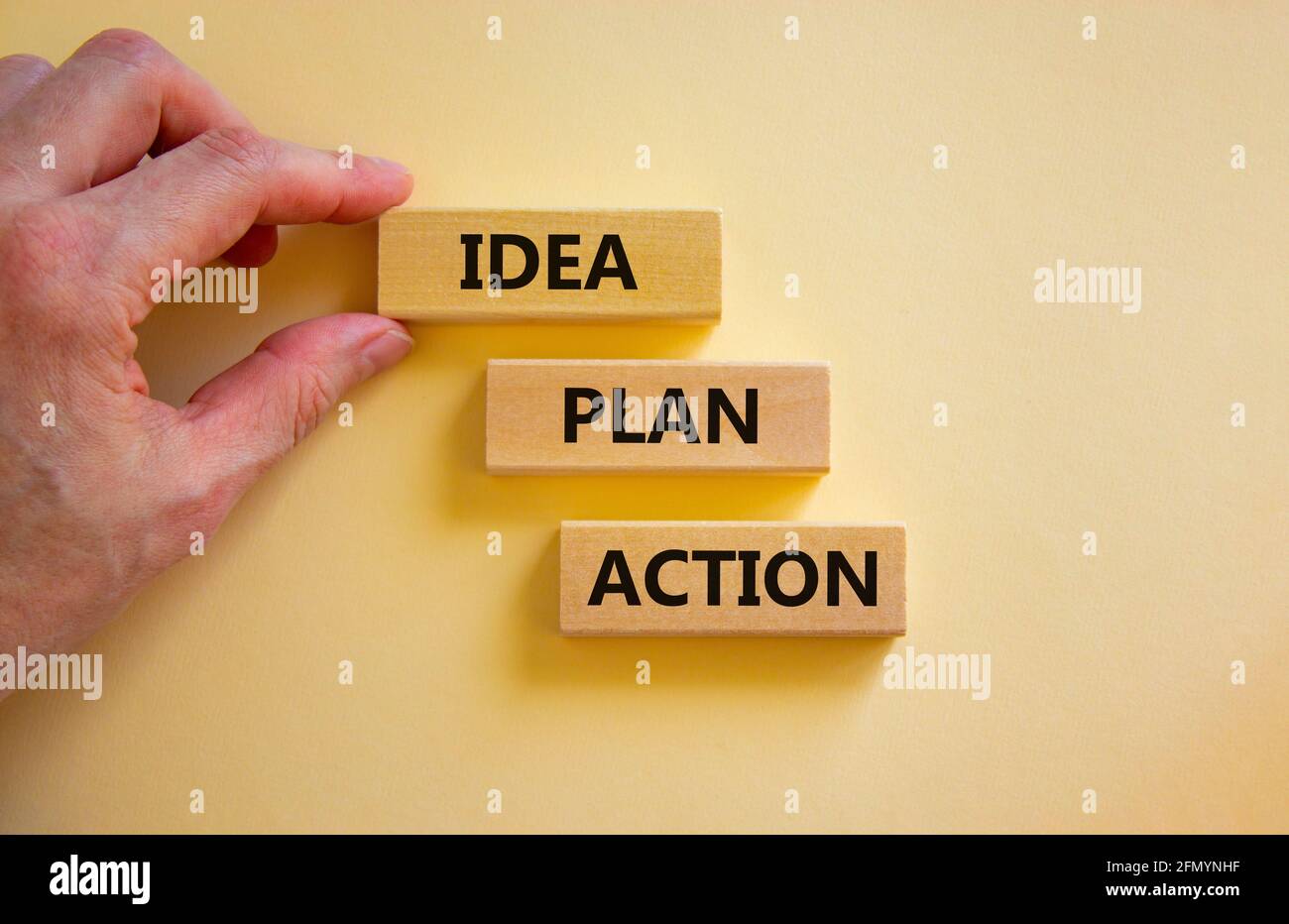 Idea, plan, action symbol. Wooden blocks with words 'Idea, plan, action' on beautiful white ...