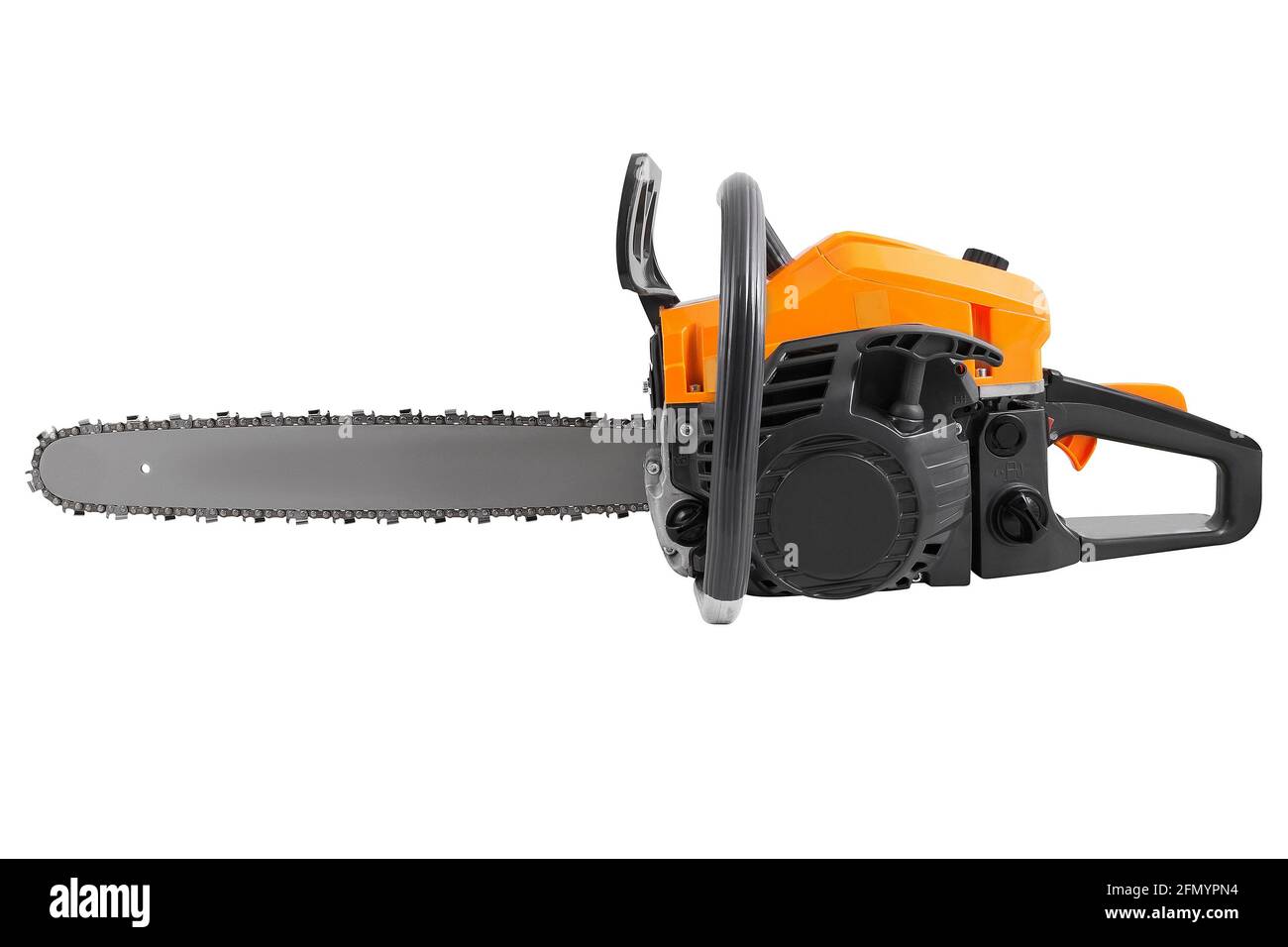 Petrol chainsaw side view isolated on white background. Gasoline chain ...