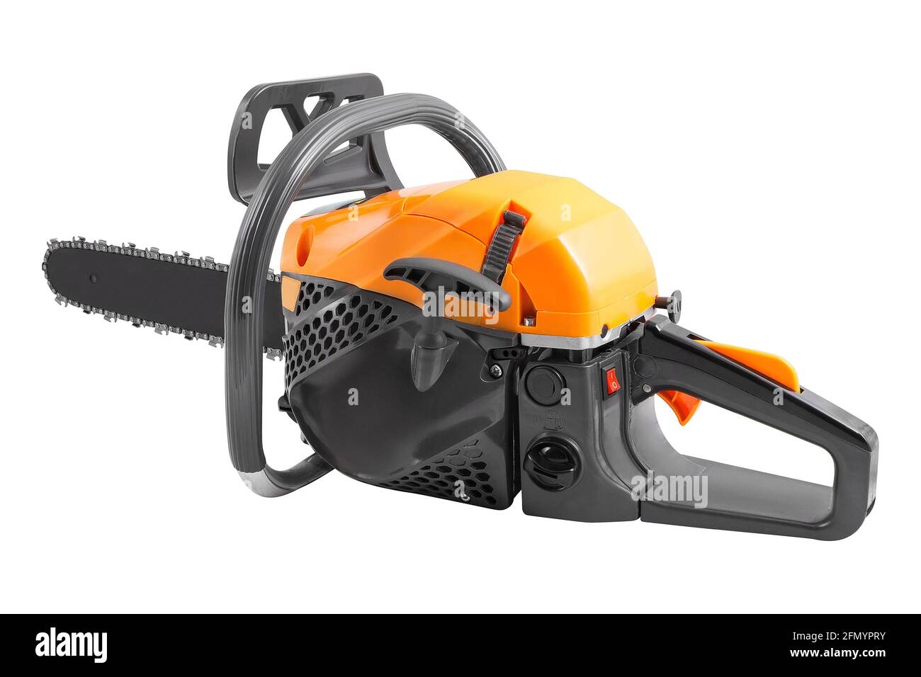 Portable gasoline chainsaw isolated on white background. Modern petrol ...