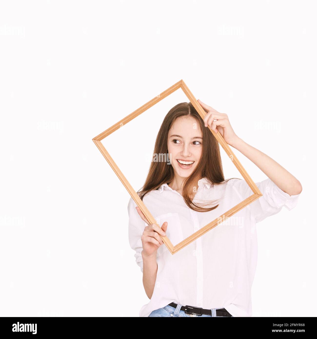 Out of frame concept. Success modern people. Happy smile. Positive ...