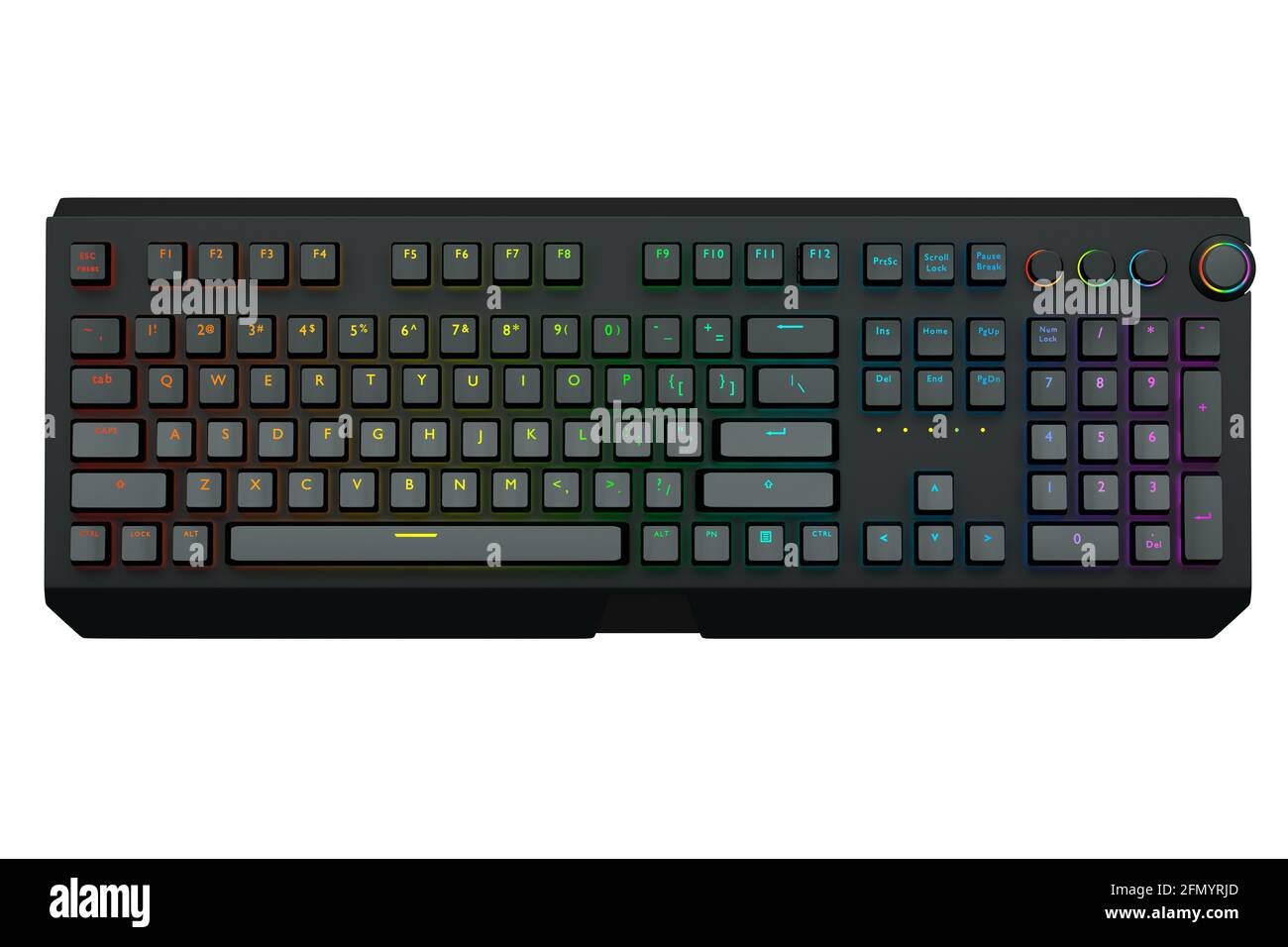 Black computer keyboard with rgb colors isolated on white background ...