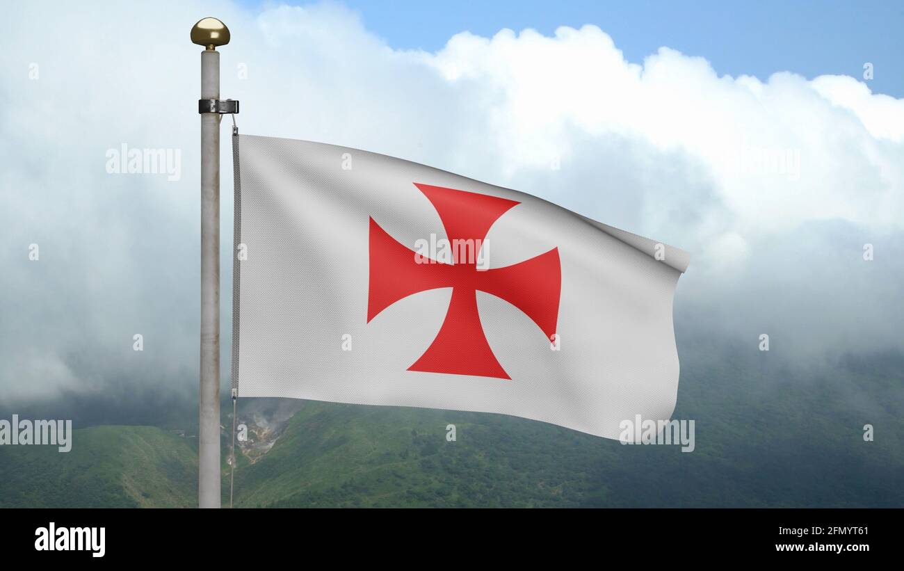 3D The knights templars flag waving on wind at mountain. Poor fellow ...