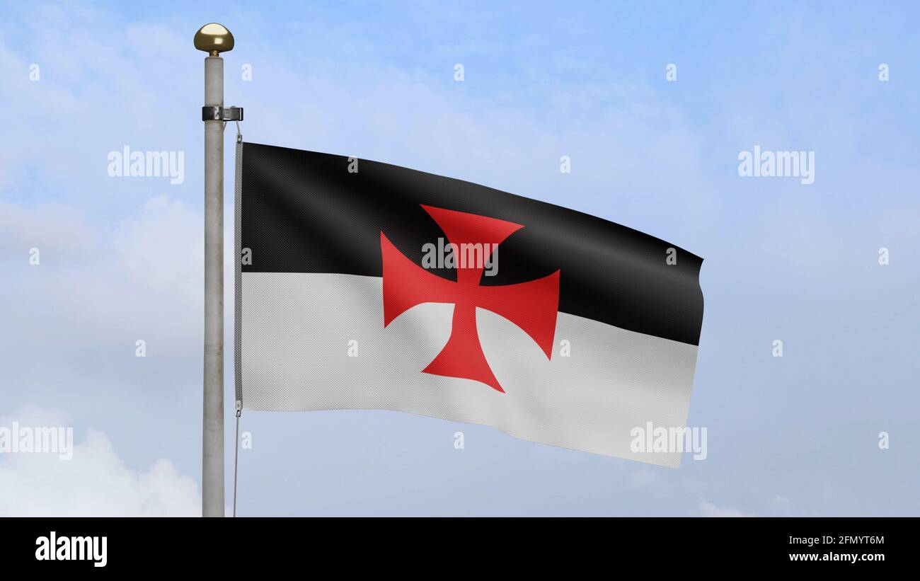 3D The knights templars flag waving on wind with blue sky. Poor fellow ...