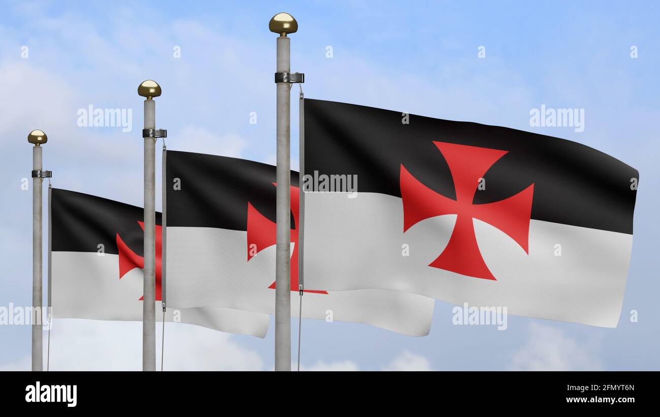 3D Banner of the knights templars with blue sky, the Catholic military ...