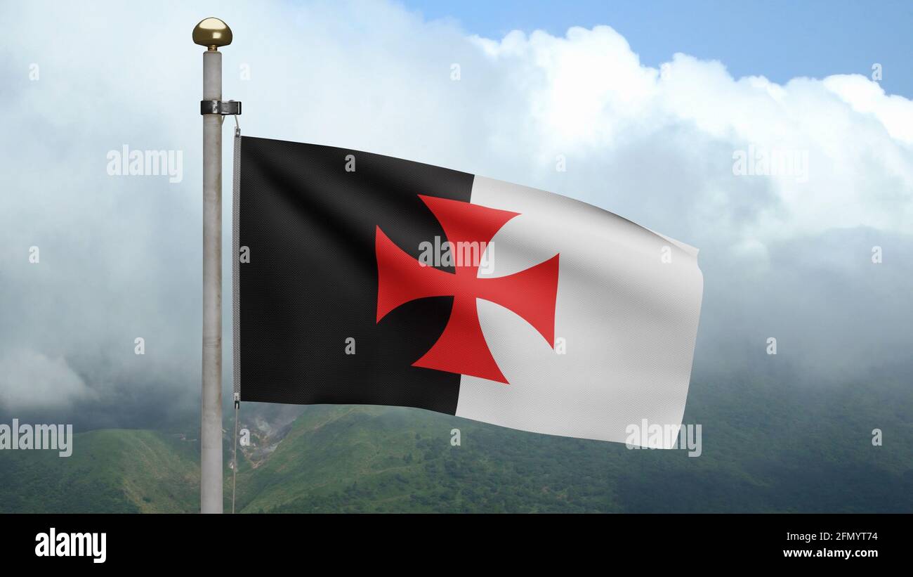 3D The knights templars flag waving on wind at mountain. Poor fellow ...