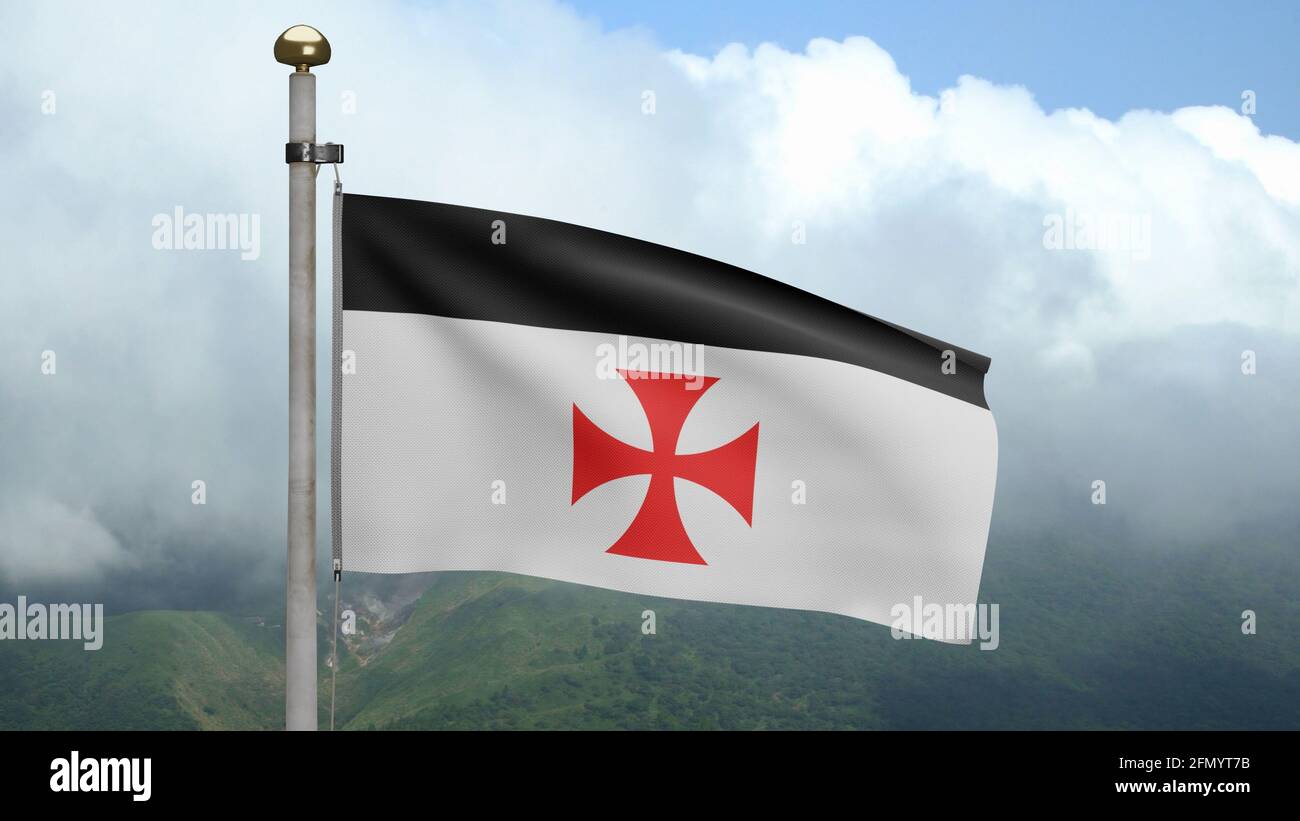 3D The knights templars flag waving on wind at mountain. Poor fellow ...