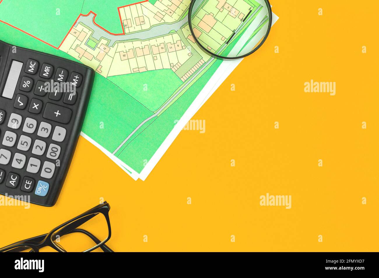 Real estate concept flat lay background, mortgage and searching land ...