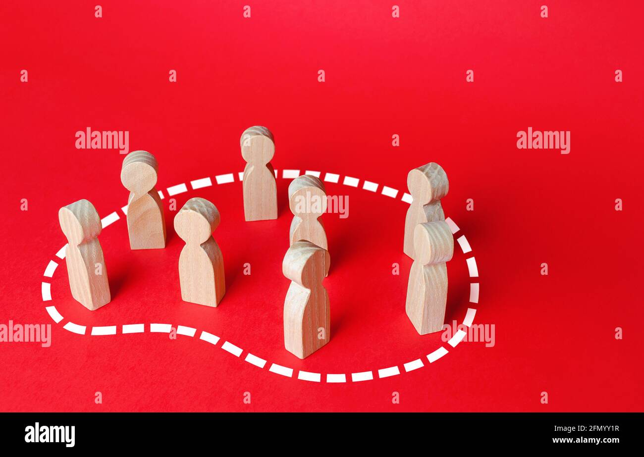 A group of people is circled in dotted line. Grouping people, teaming ...