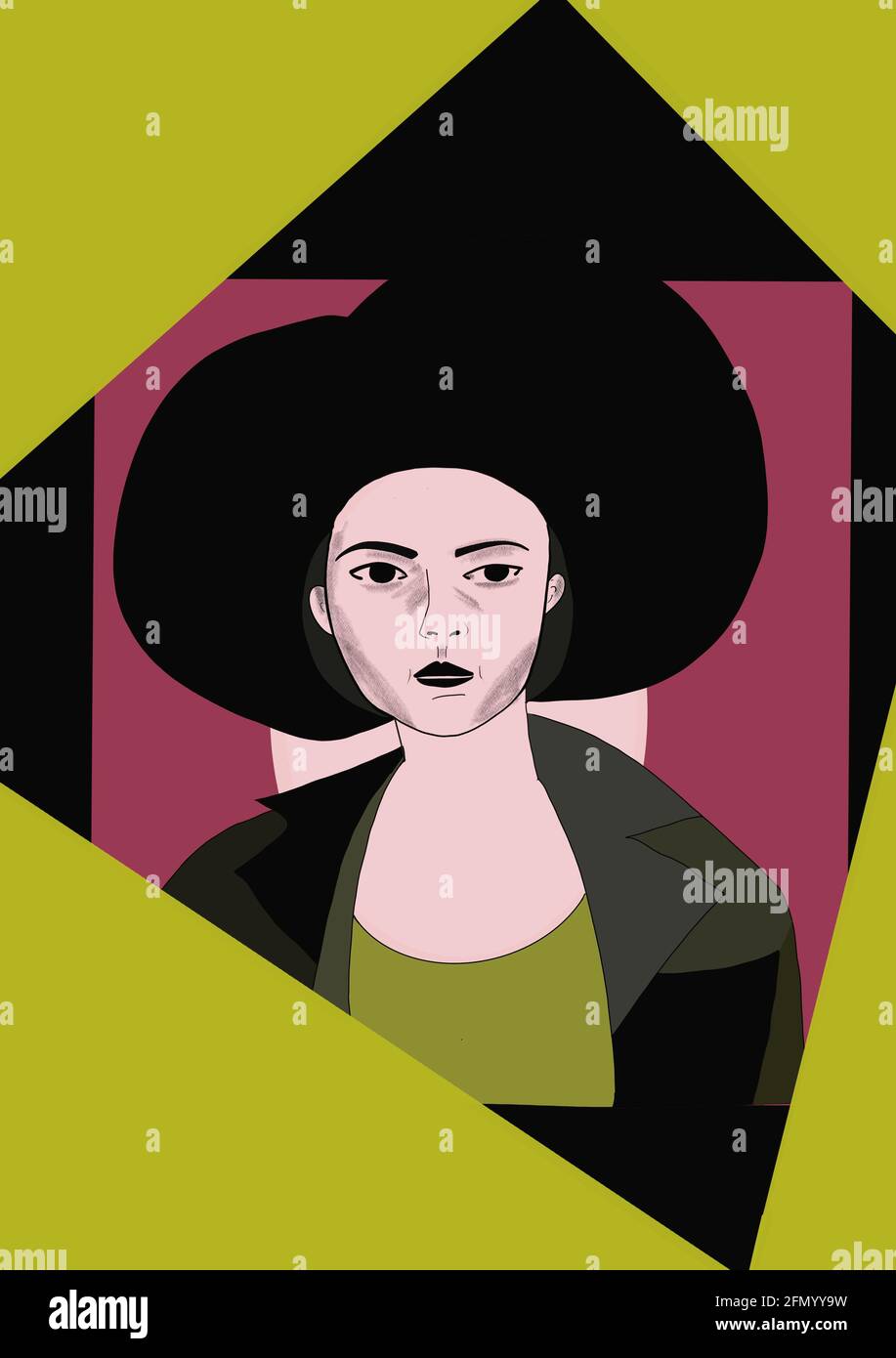 Digital illustration of a relaxed woman's face, for stories, pop art ...