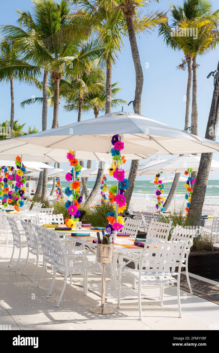 Setup for dinner party along the beach, Naples, Florida, USA Stock ...