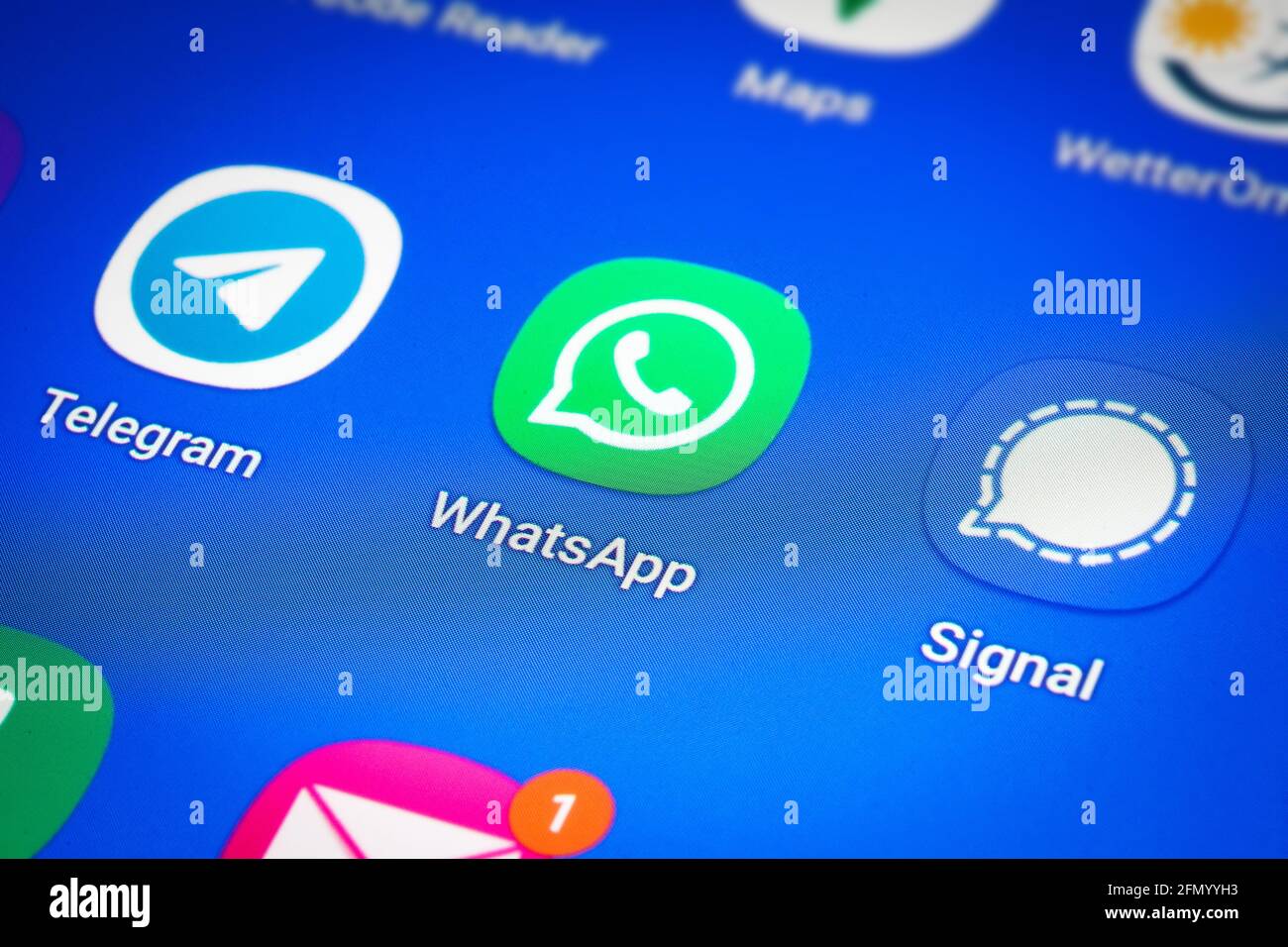 Logos of the social media messenger apps Telegram, WhatsApp and Signal ...