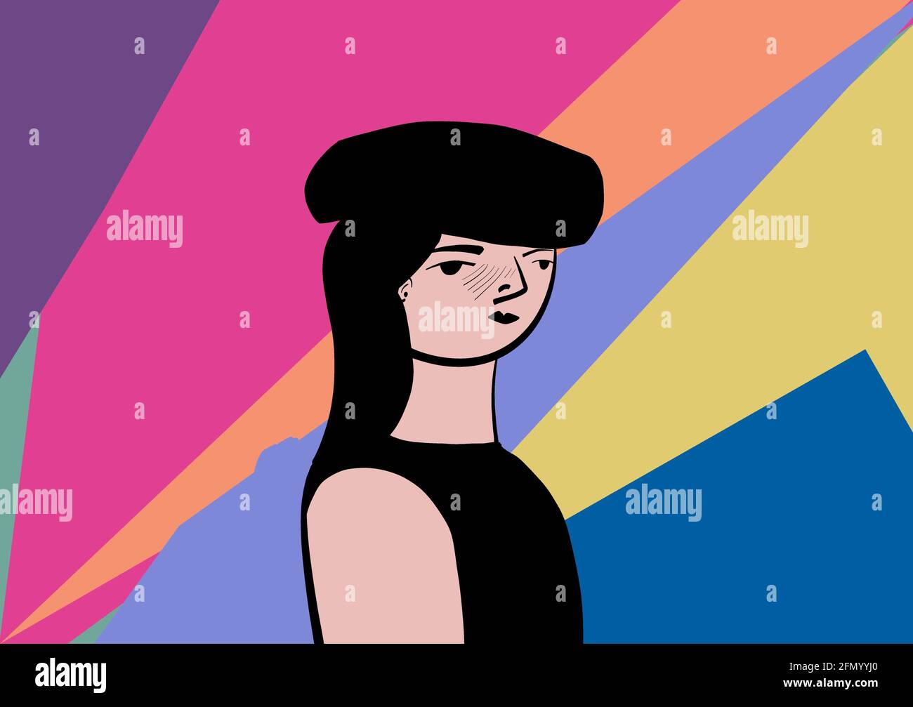 Digital illustration of a relaxed woman's face, for stories, pop art ...