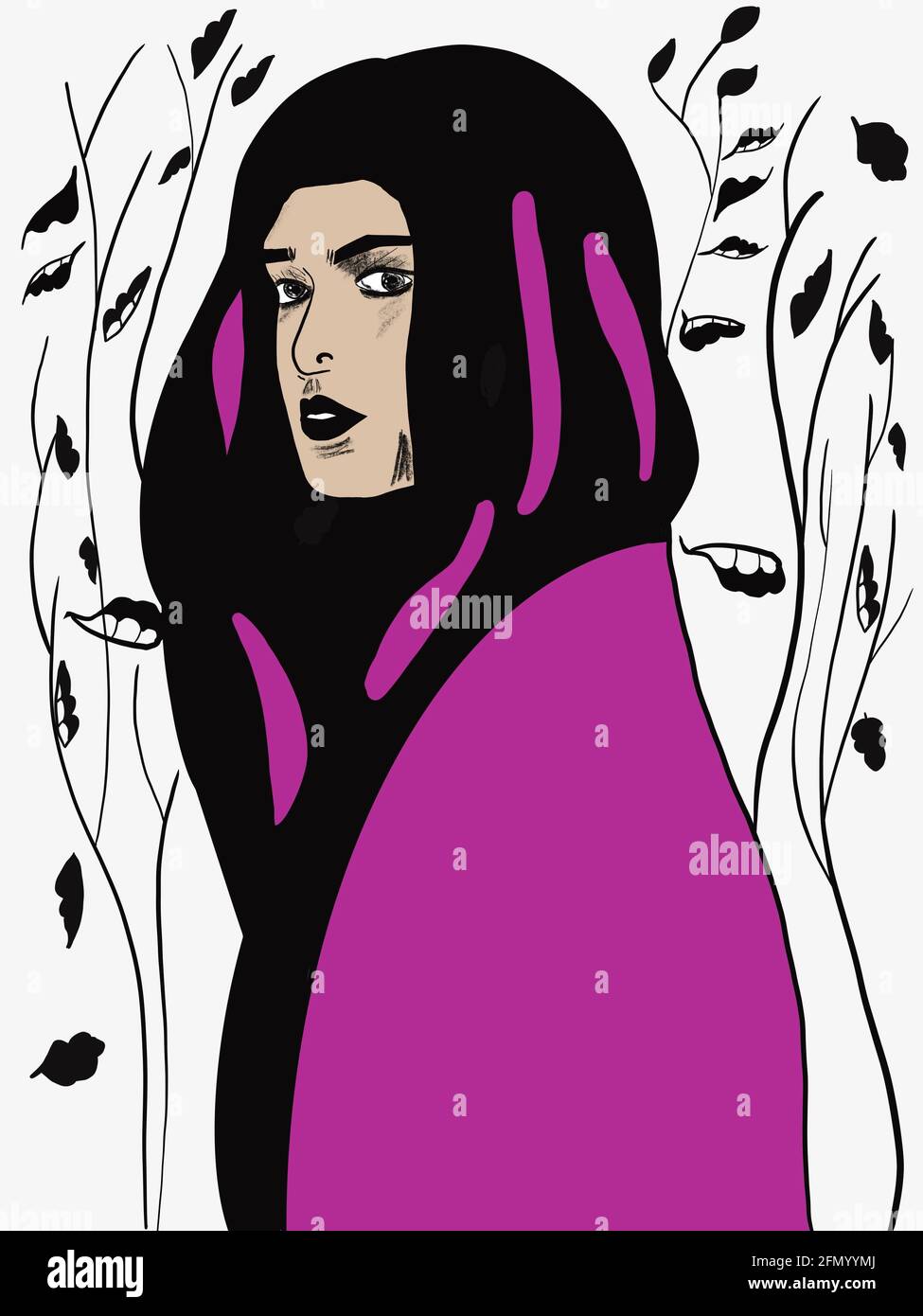 Digital illustration of a relaxed woman's face, for stories, pop art ...