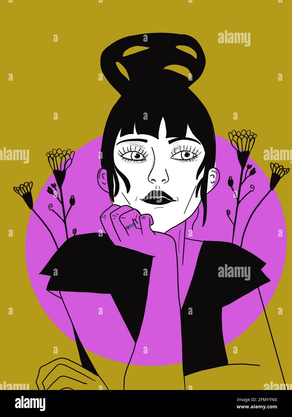 Digital illustration of a relaxed woman's face, for stories, pop art ...