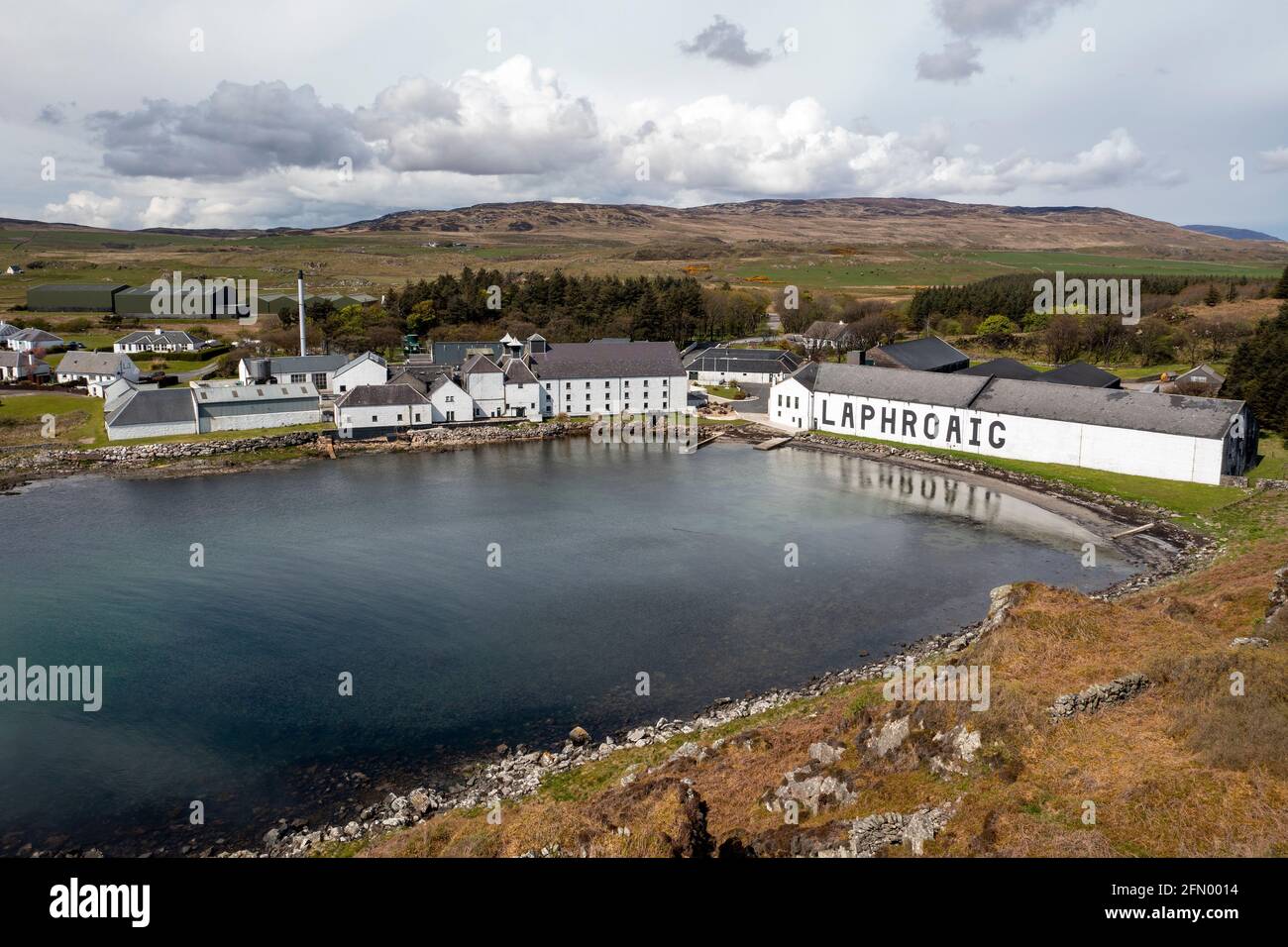 Aerial view of the Laphroaig Distillery, Islay, Scotland. Laphroaig is ...