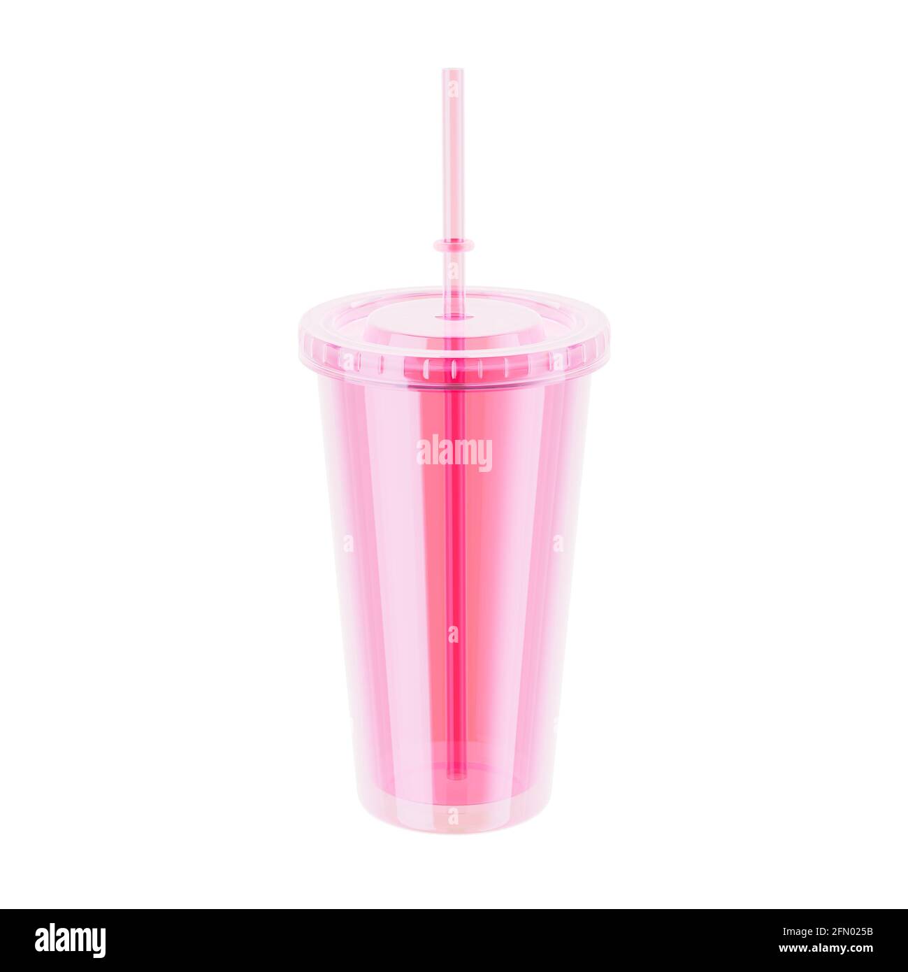 Plastic cup with straw front view on white background. Transparent pink ...