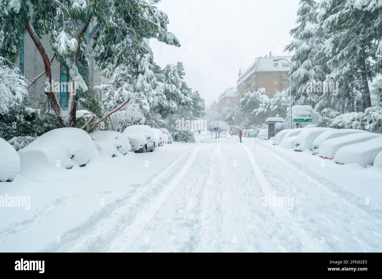 MADRID, SPAIN – JANUARY 9, 2021: Streets of Madrid blanketed with the ...