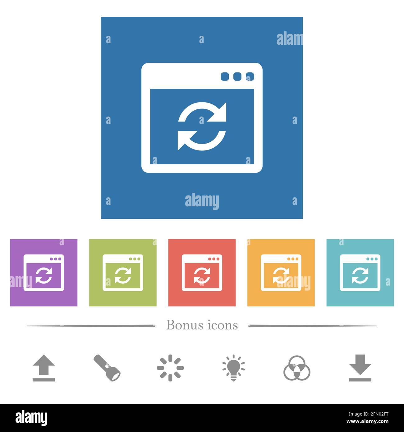 Application syncronize flat white icons in square backgrounds. 6 bonus ...