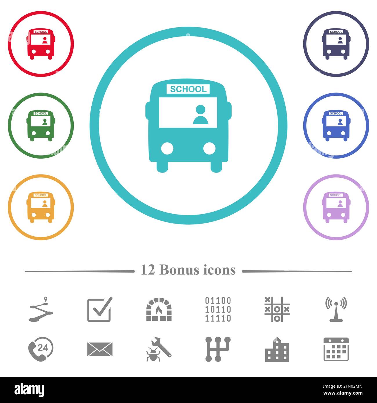 School bus with driver flat color icons in circle shape outlines. 12 ...