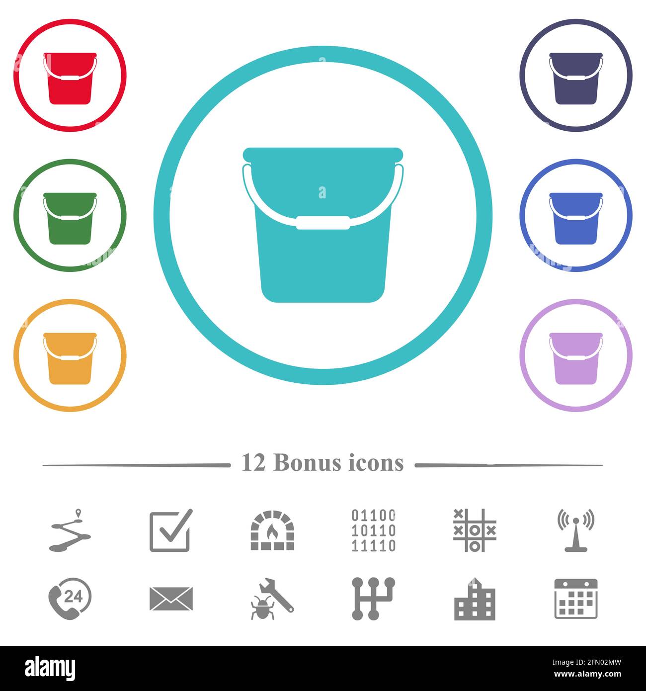 Single bucket flat color icons in circle shape outlines. 12 bonus icons ...