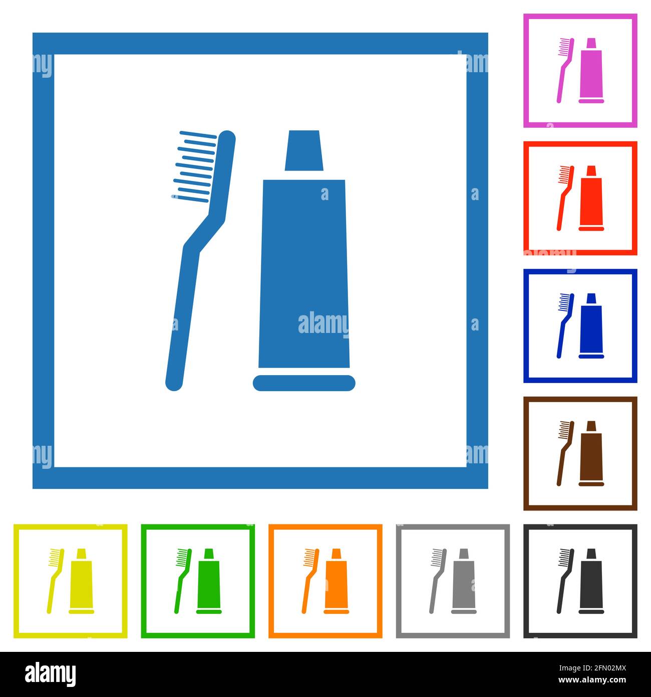 Toothbrush and toothpaste tube flat color icons in square frames on ...