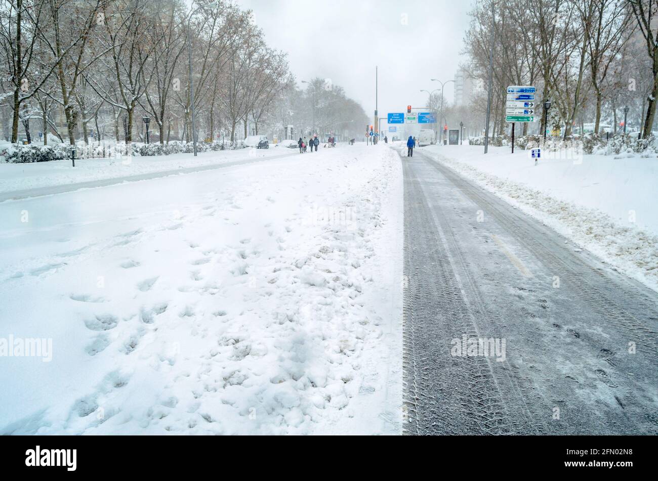 MADRID, SPAIN – JANUARY 9, 2021: Streets of Madrid blanketed with the ...
