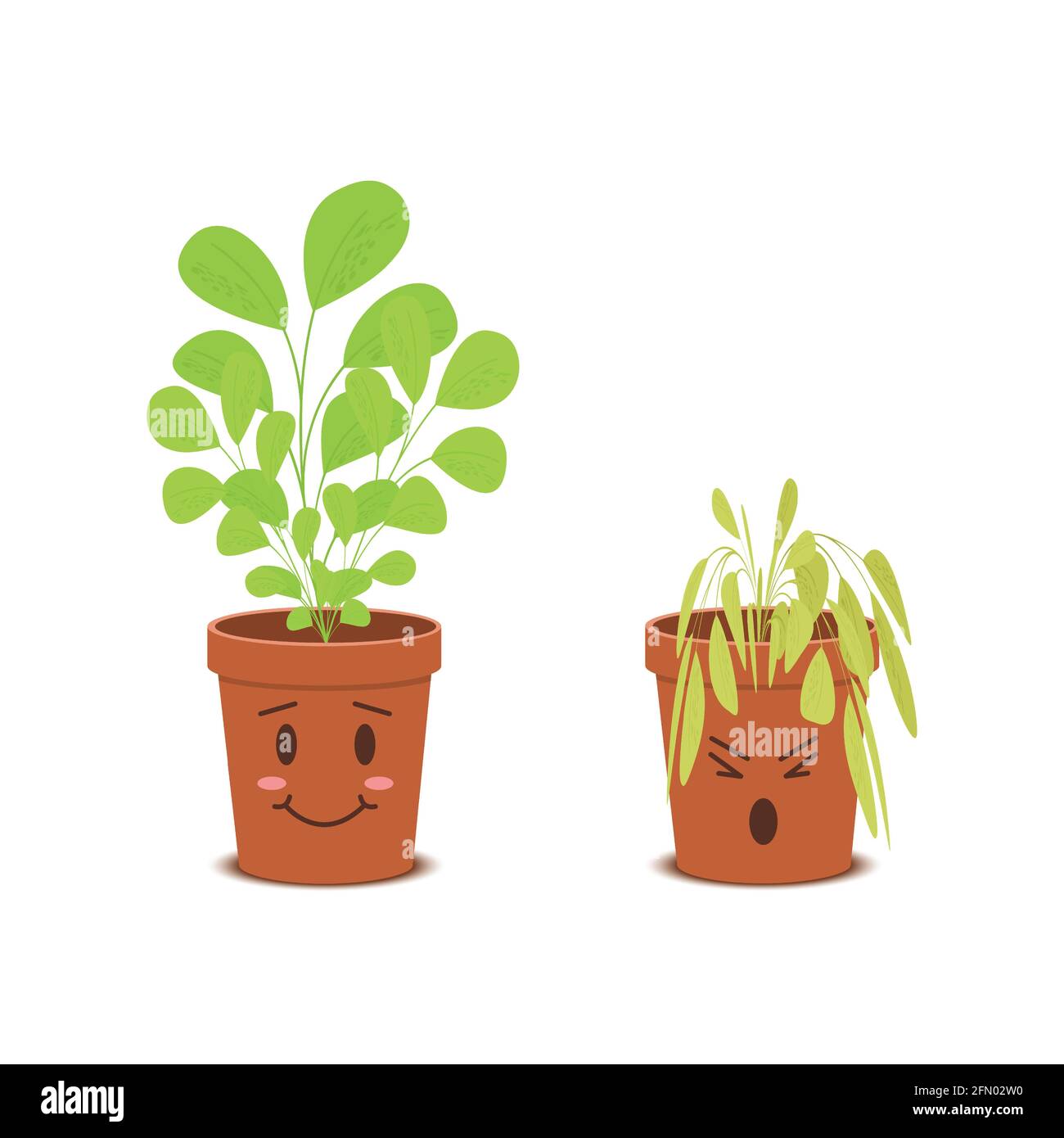 Cute plants in pots characters. Happy blossom vs sad wilted flowers ...