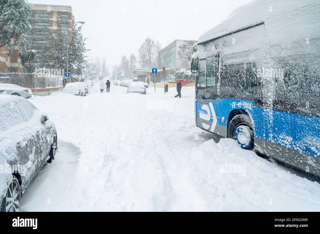 MADRID, SPAIN – JANUARY 9, 2021: Bus stranded due to snow during Storm ... MADRID, SPAIN – JANUARY 9, 2021: Bus stranded due to snow during Storm ...